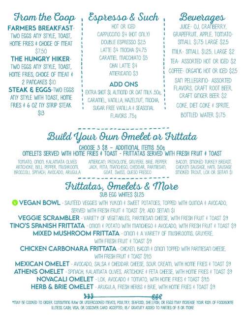 The Cure Cafe menu in Stroudsburg, Pennsylvania, USA