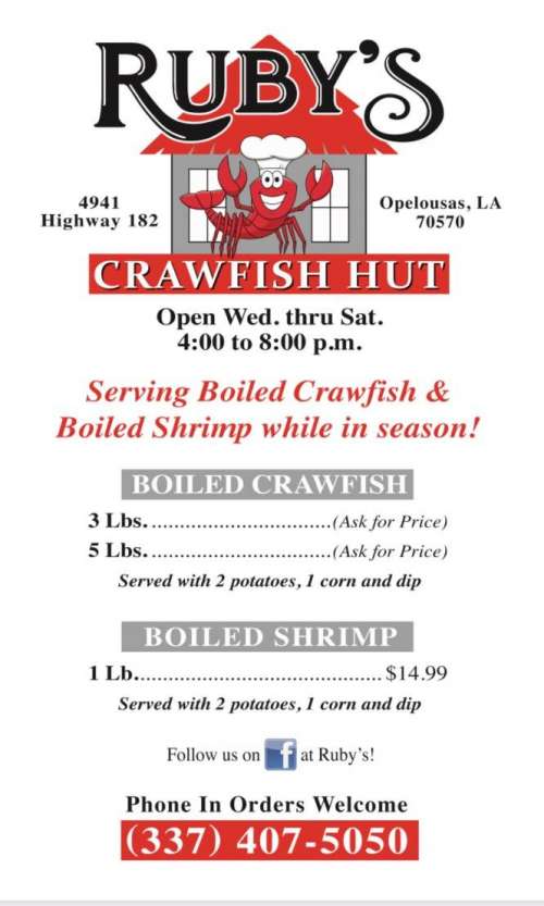 Ruby's Crawfish Hut menu in Opelousas, Louisiana, USA