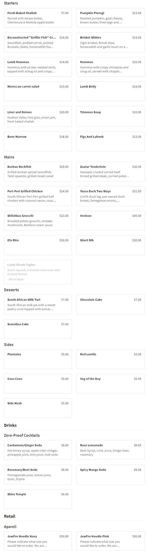 JewFro menu in Richmond, Virginia, USA