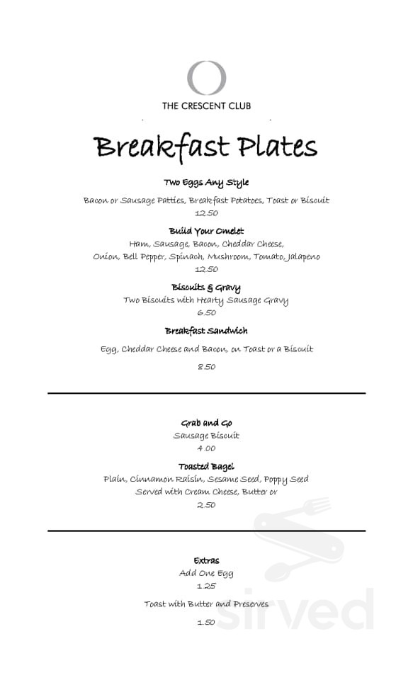 Menu - Memphis TN's The Crescent Club | Sirved