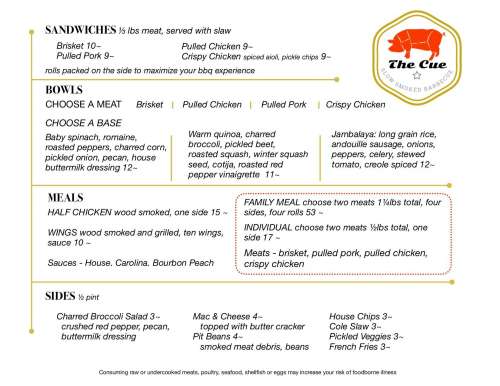 The Cue Barbecue menu in Oswego, New York, USA