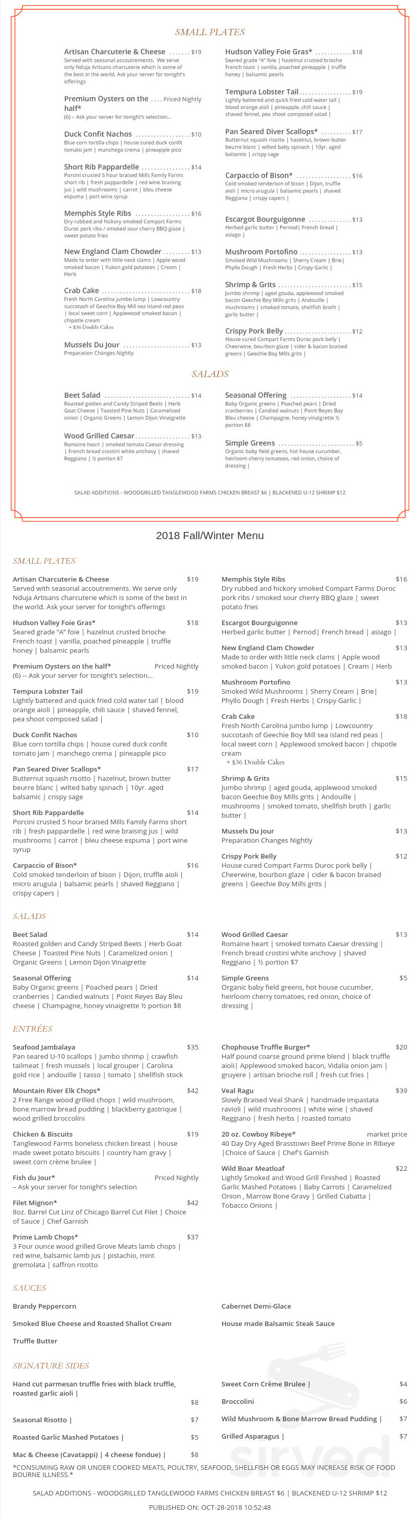 Fire & Smoke menu in Myrtle Beach, South Carolina, USA