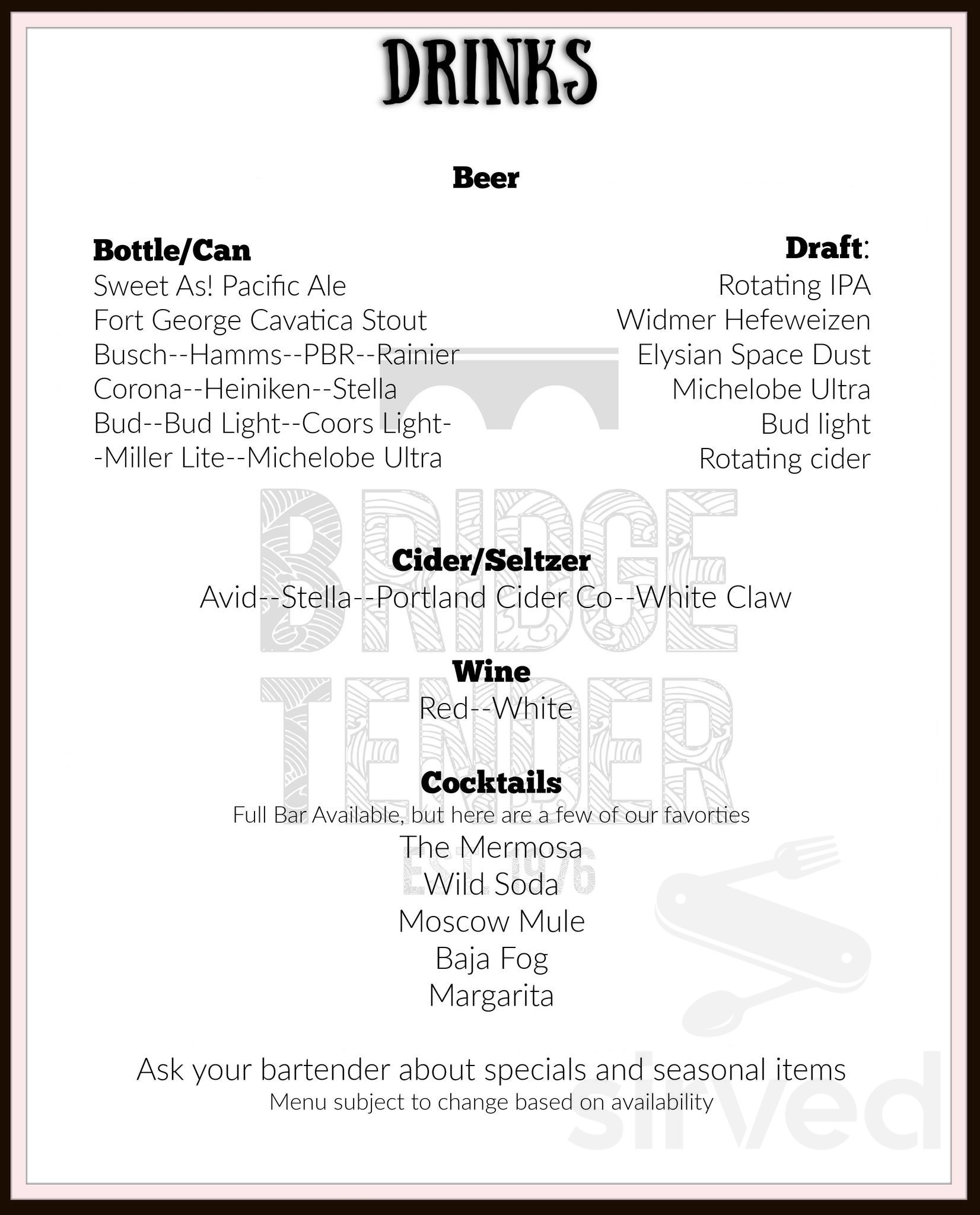 Bridge Tender menu in Seaside, Oregon, USA
