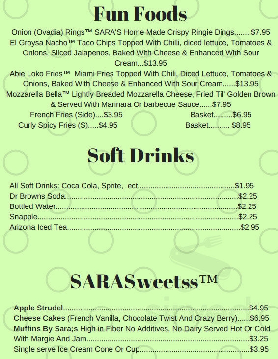 Menu - Hollywood FL's Hollywood Sara's | Sirved