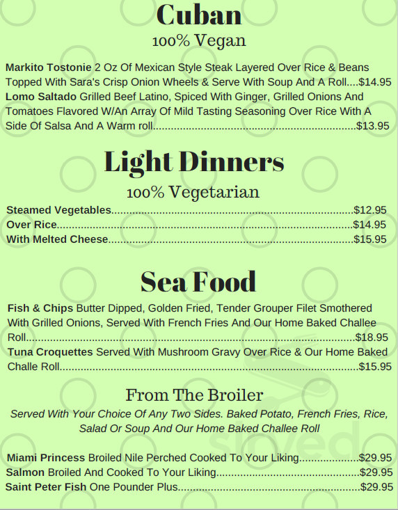 Menu - Hollywood FL's Hollywood Sara's | Sirved