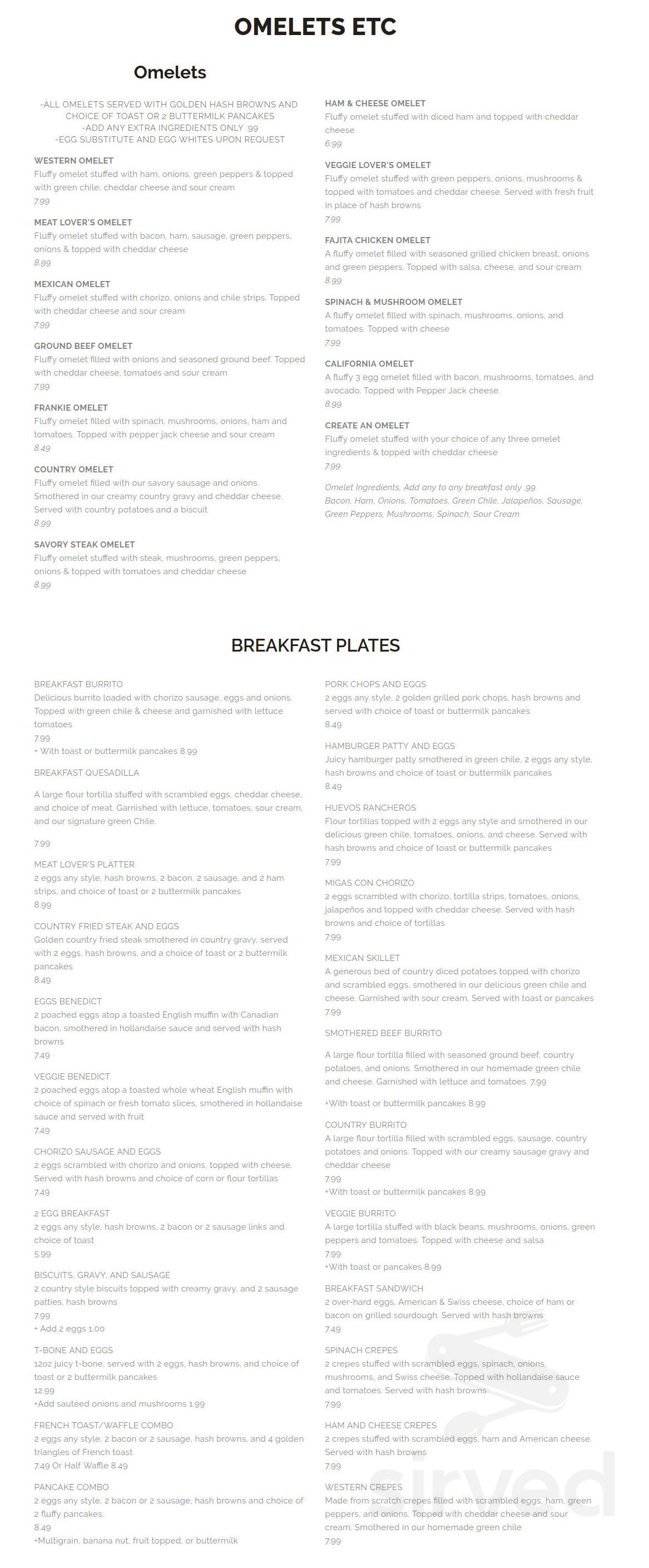 Omelets ETC menu in Peyton, Colorado, USA
