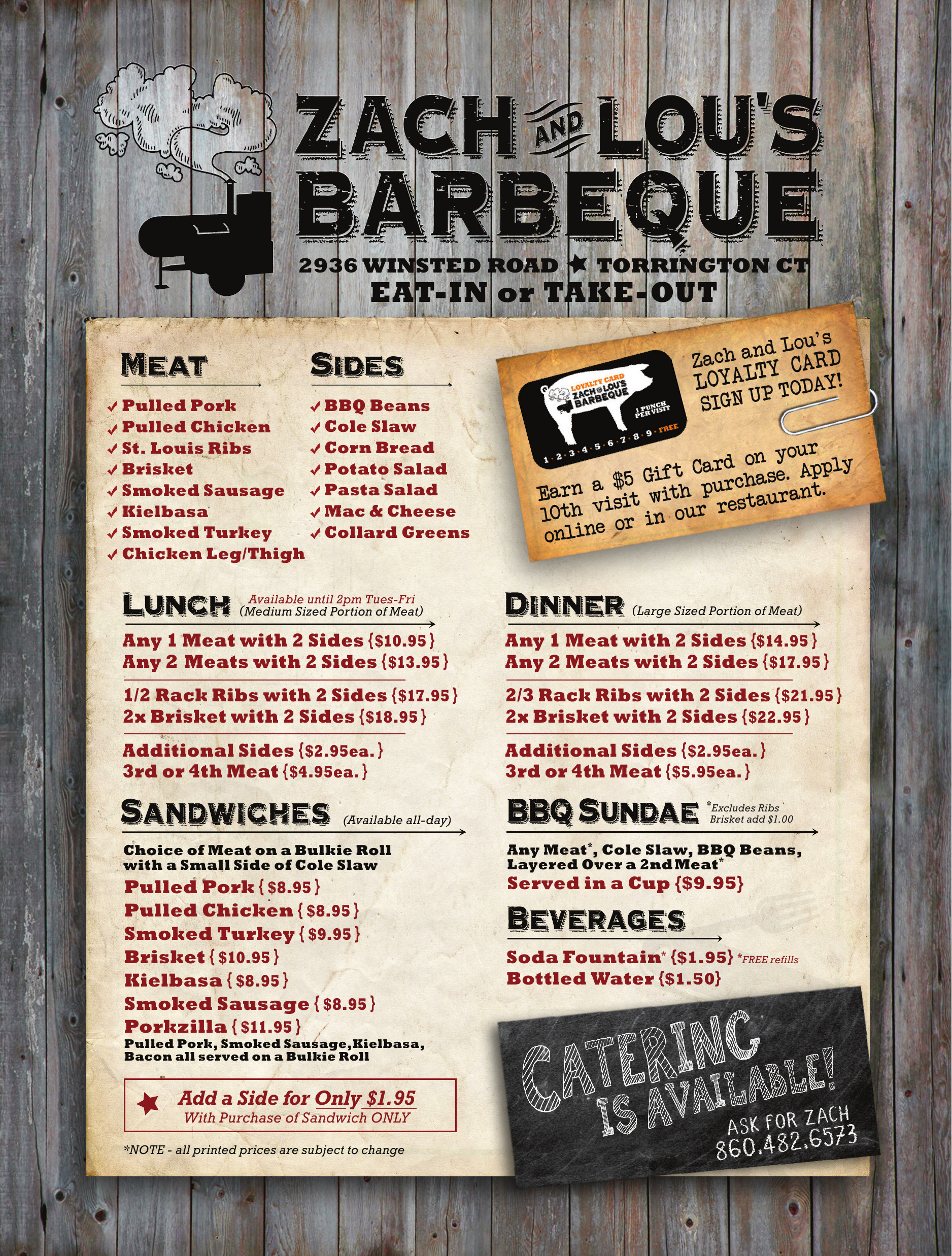 Menu for Zach and Lou's Barbeque in Torrington, CT | Sirved