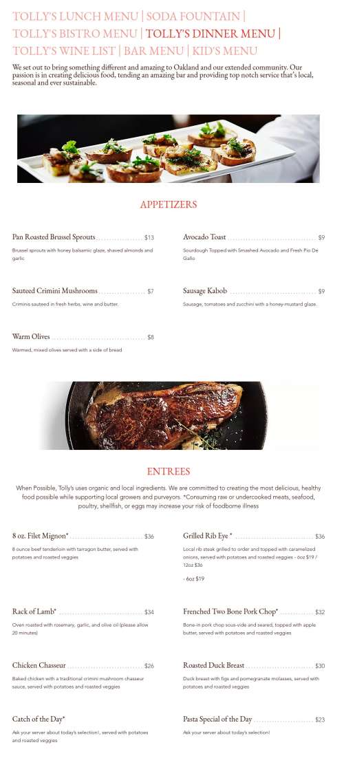 Tolly's Restaurant menu in Oakland, Oregon, USA