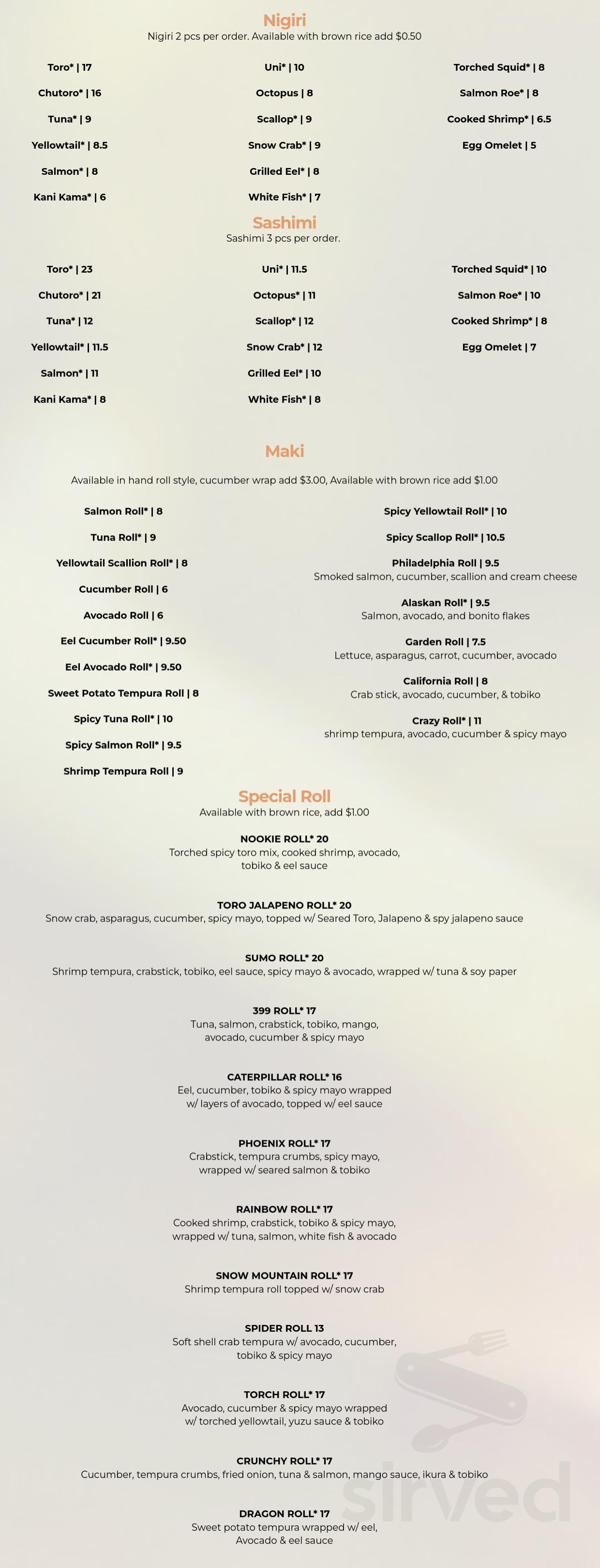 Sushi Momento menu in Brookline, Massachusetts, USA