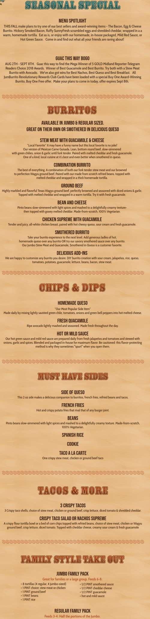 JumBurrito menu in Midland, Texas, USA