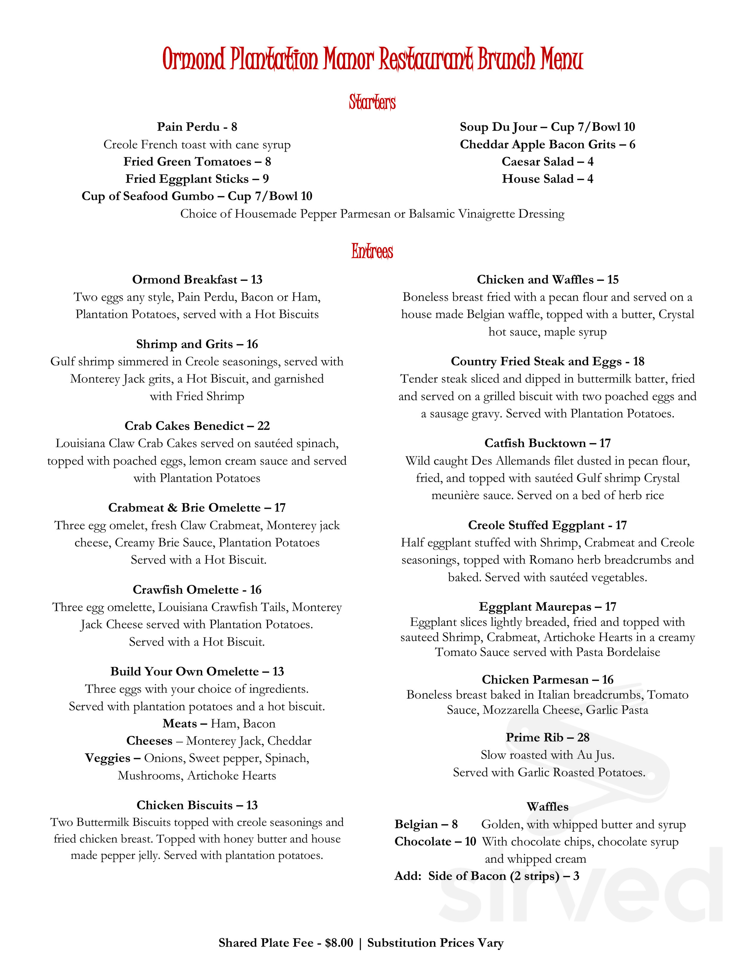 Ormond Plantation menu in Destrehan, Louisiana, USA