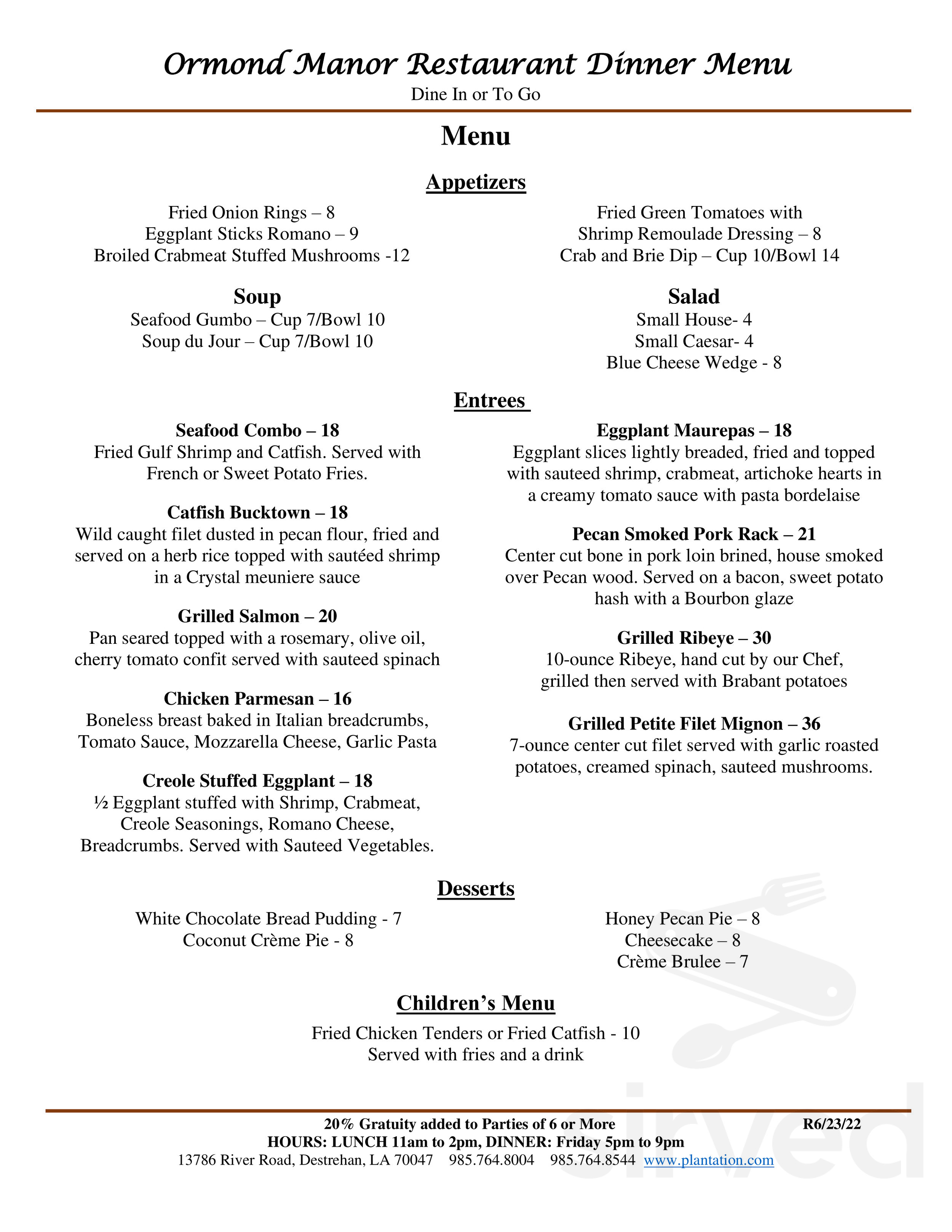 Ormond Plantation menu in Destrehan, Louisiana, USA