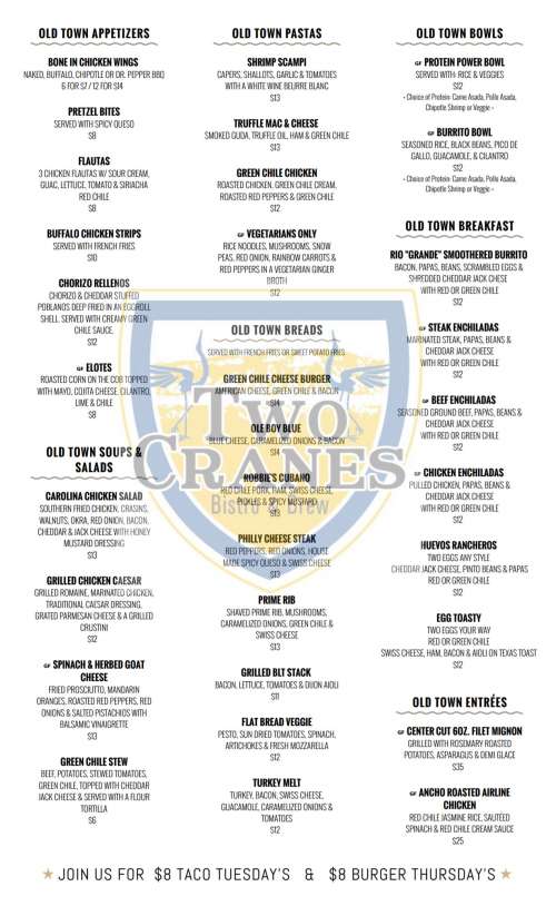 Two Cranes Bistro + Brew menu in Albuquerque, New Mexico, USA