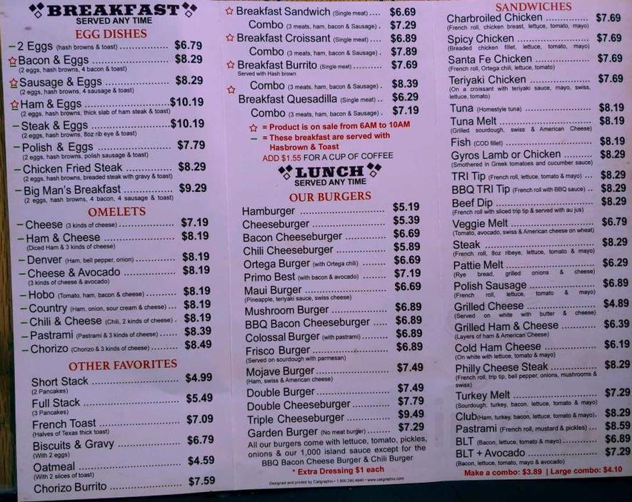 Primo Burgers menu in Tehachapi, California, USA
