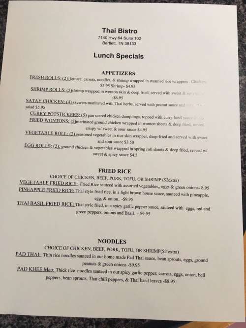 Thai Bistro menu in Bartlett, Tennessee, USA