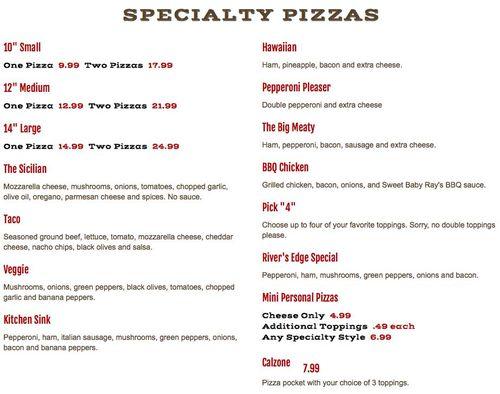 River's Edge Pizza Pub & Grill menu in Dundee, Michigan, USA