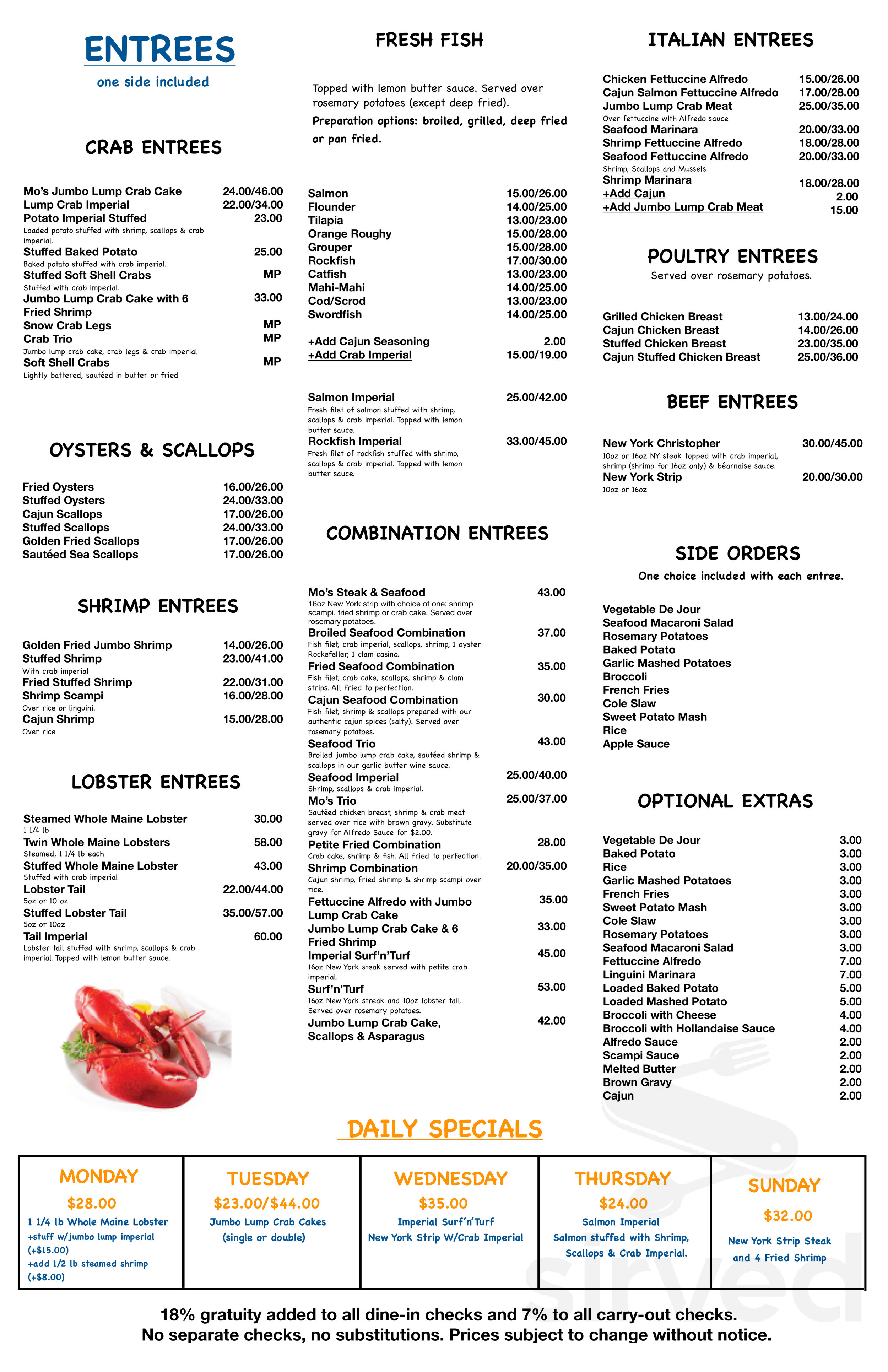 Mo's Seafood menu in Towson, Maryland, USA