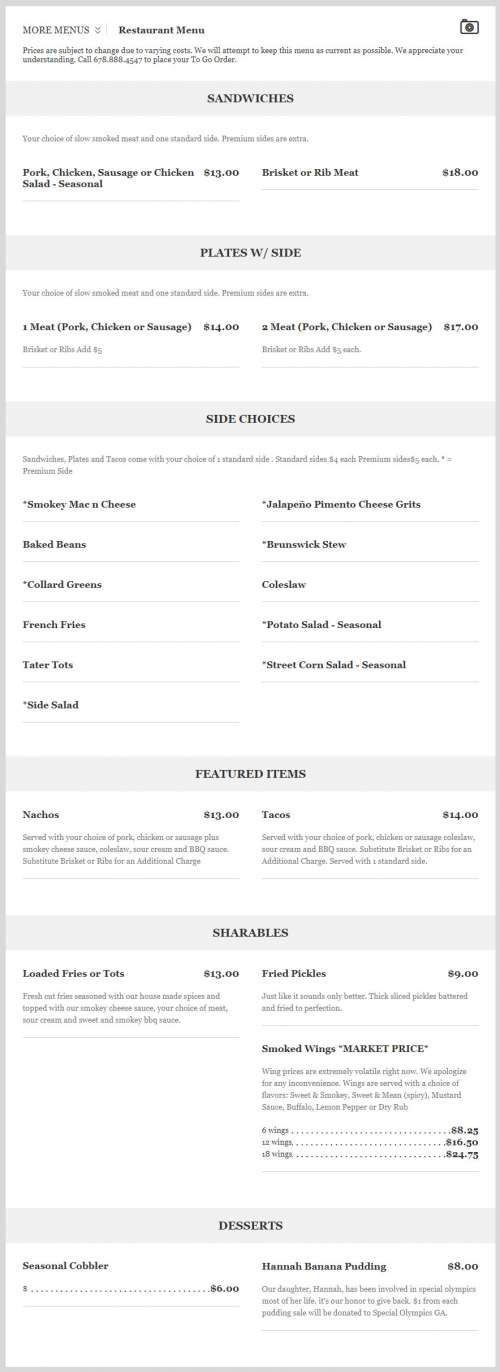 Choate BBQ menu in Ball Ground, Georgia, USA