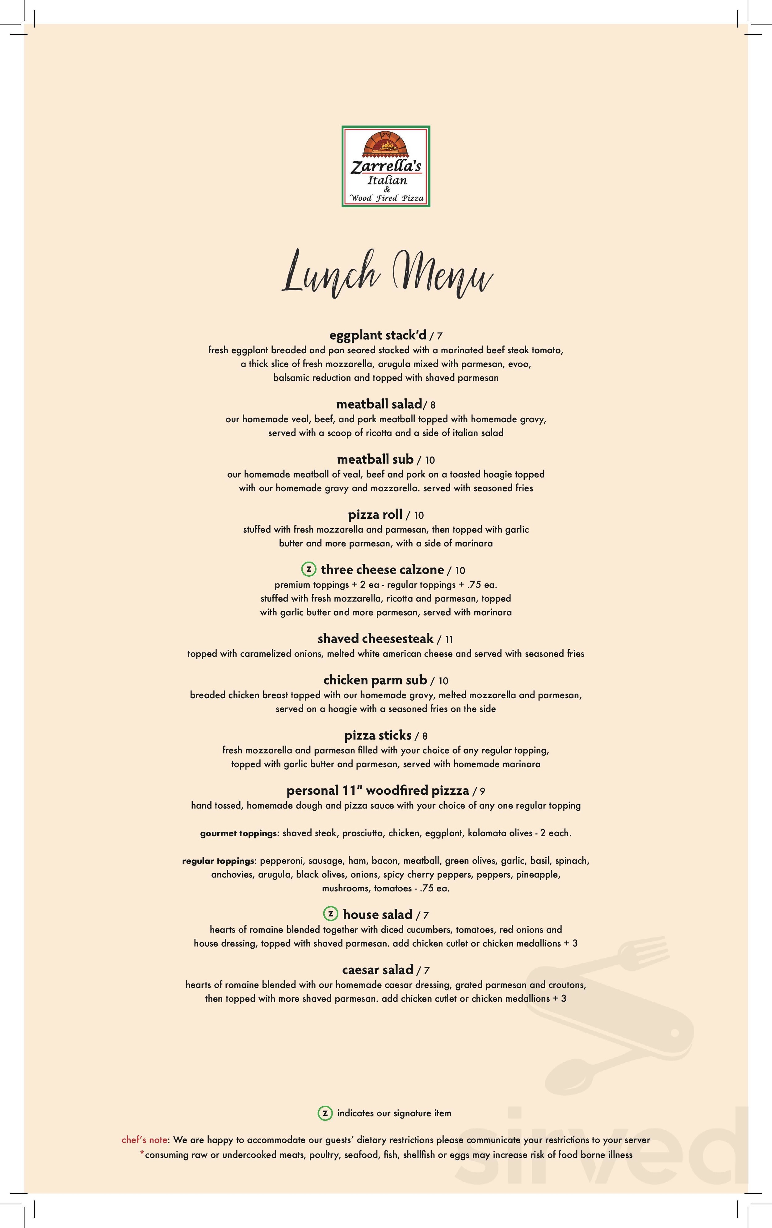 Menu for Zarrella's Italian & Wood Fired Pizza in Cape Canaveral, FL ...