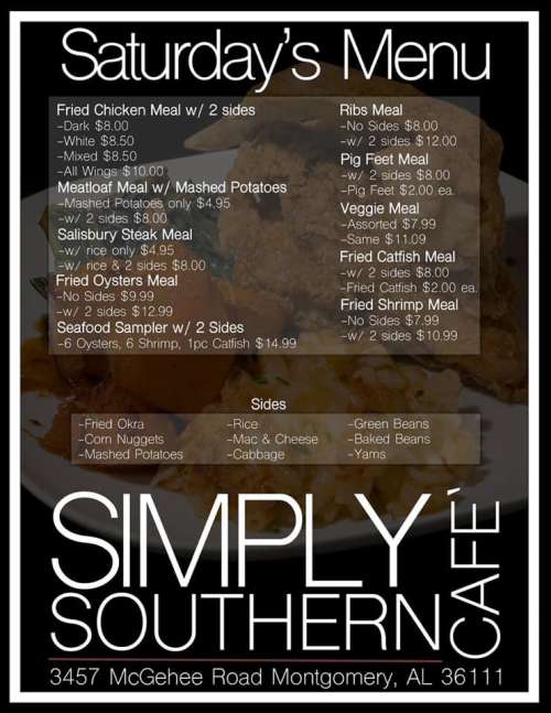 Simply Southern Cafe menu in Montgomery, Alabama, USA