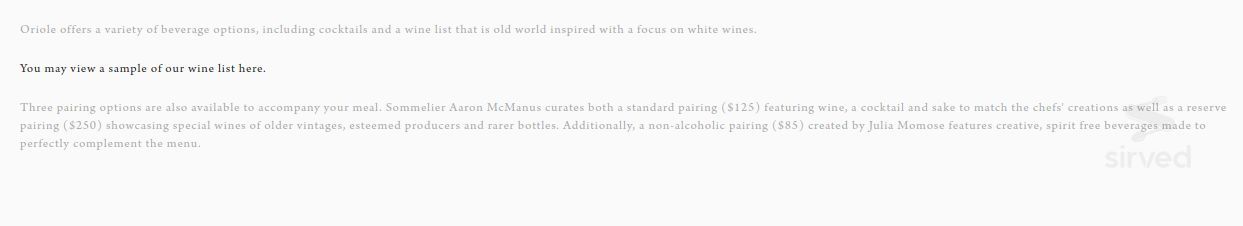 Oriole menu in Chicago, Illinois, USA