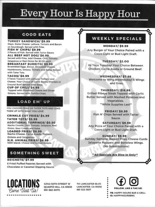 Happy Hours Bar & Grill menu in Quartz Hill, California, USA