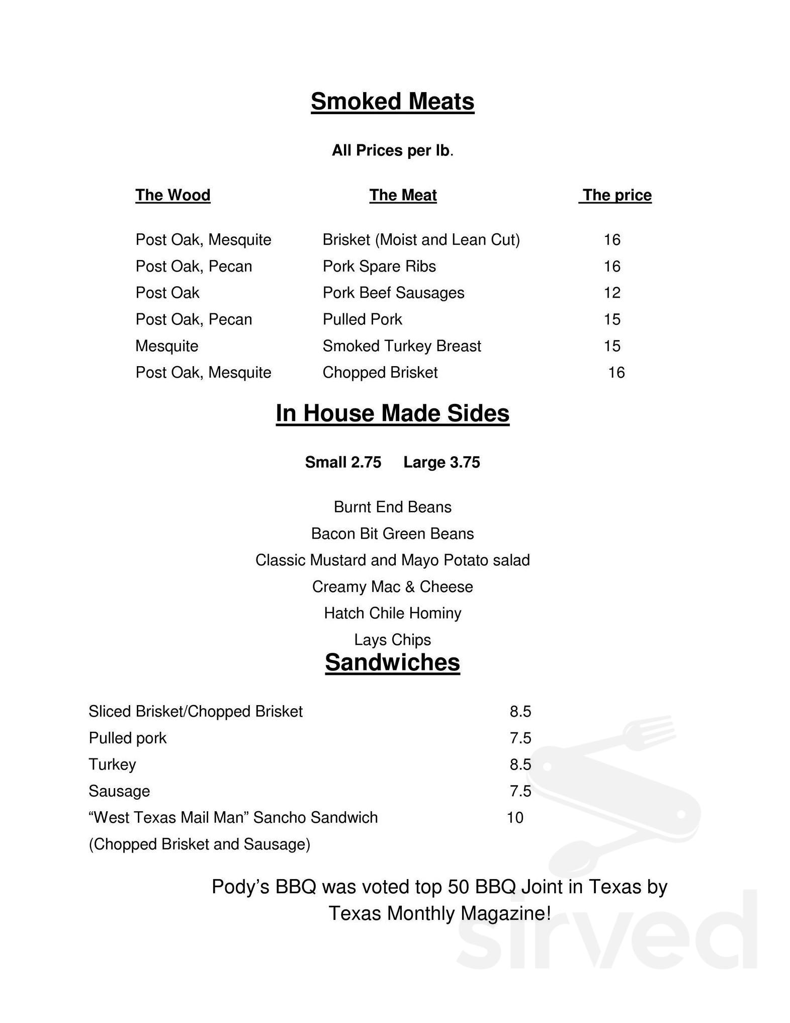 Pody's BBQ menu in Pecos, Texas, USA