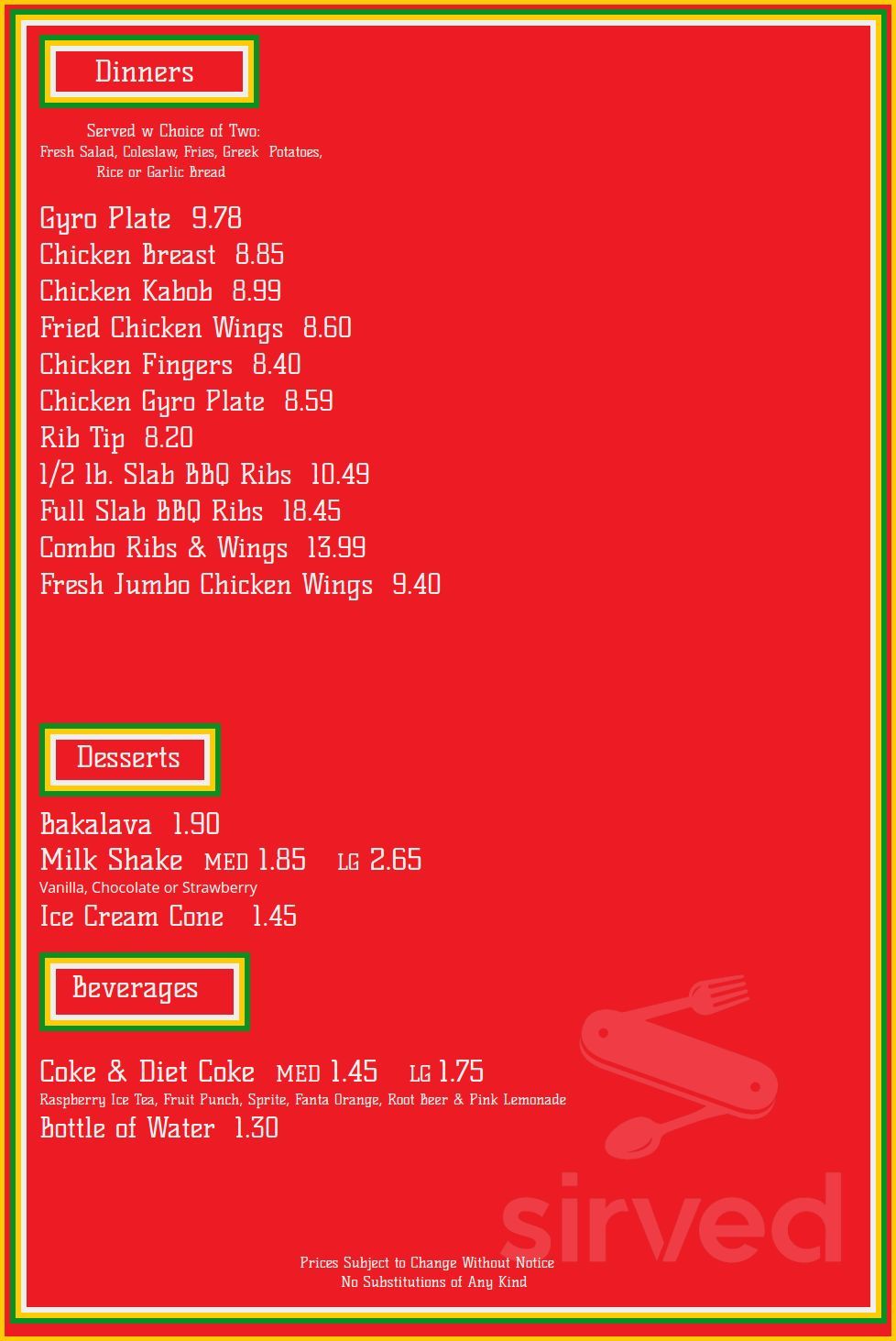 Shorty's menu in Wood Dale, Illinois, USA