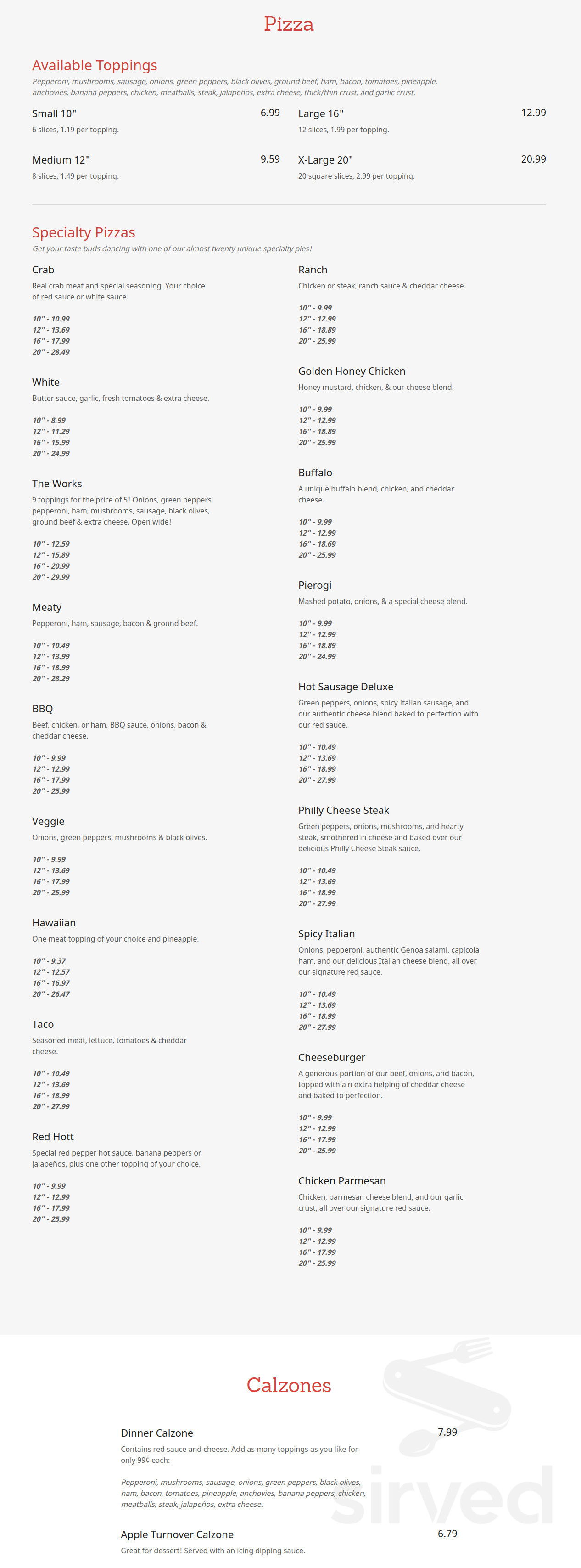 Double M's Pizza menu in Charleroi, Pennsylvania, USA