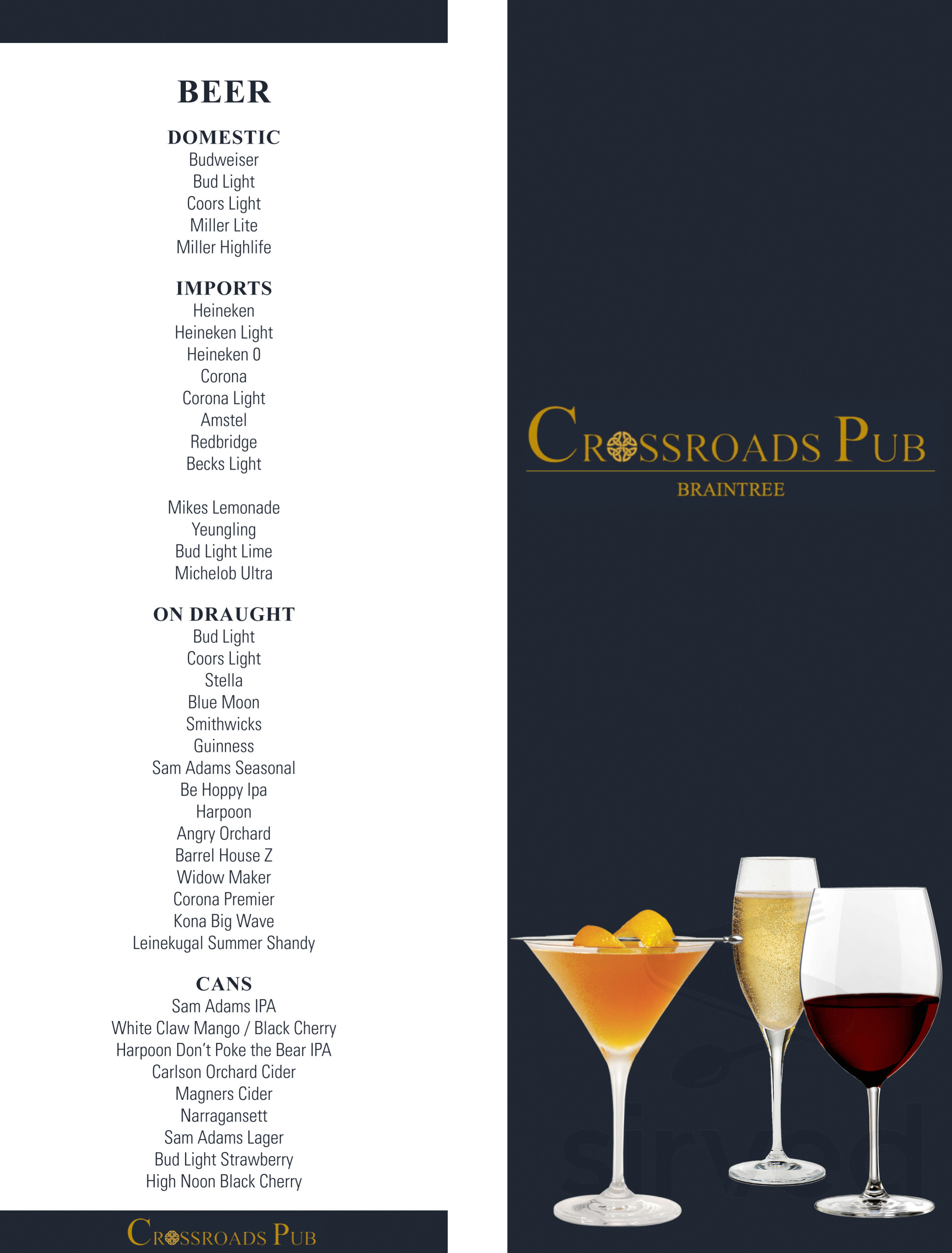 Crossroads Pub menu in Braintree, Massachusetts, USA