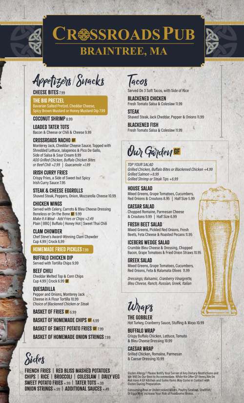 Crossroads Pub menu in Braintree, Massachusetts, USA
