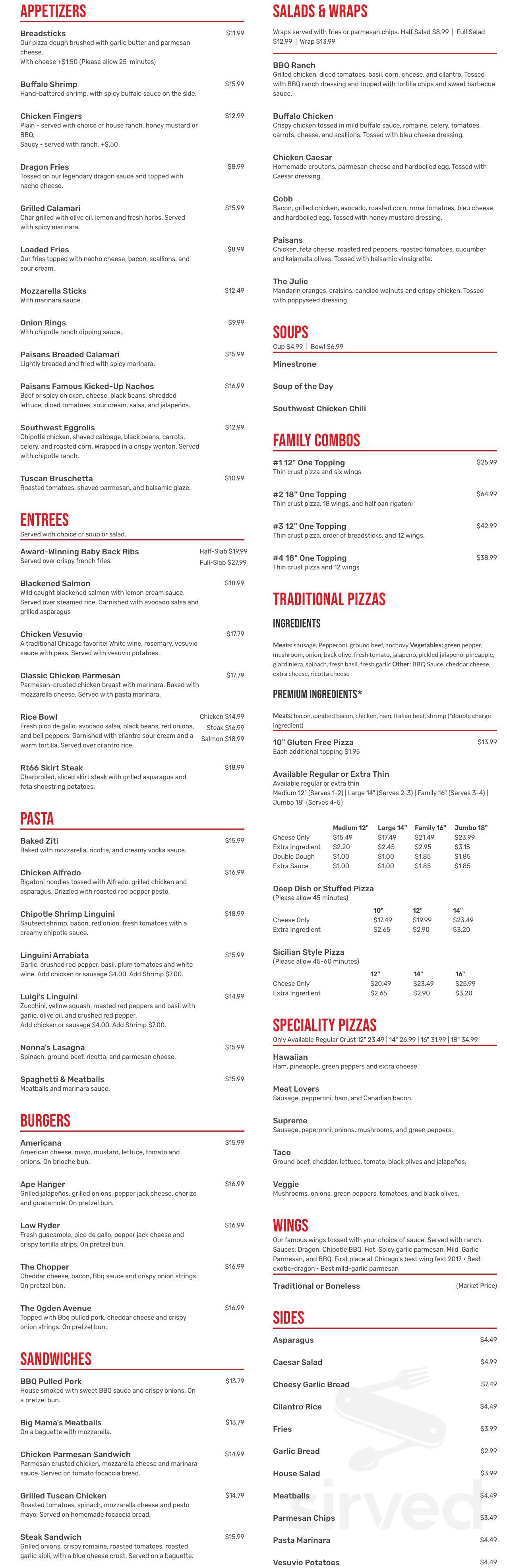 Paisans Pizzeria & Bar menu in Lisle, Illinois, USA