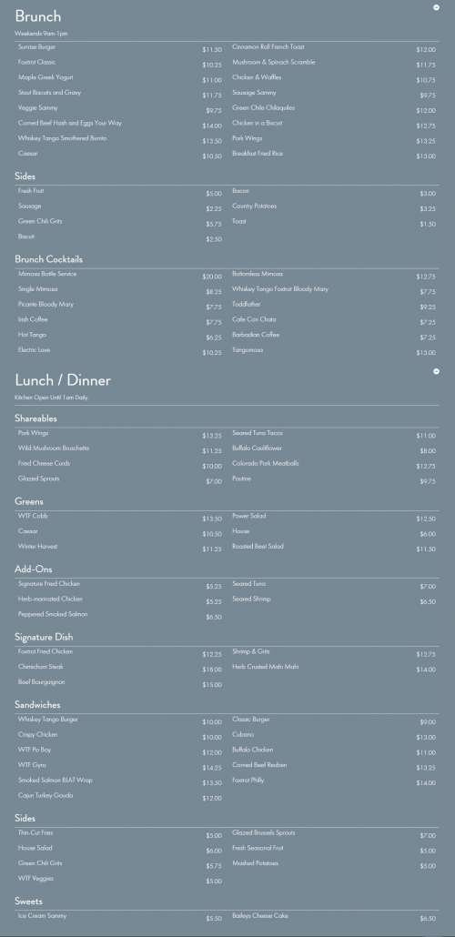 Whiskey Tango Foxtrot menu in Denver, Colorado, USA