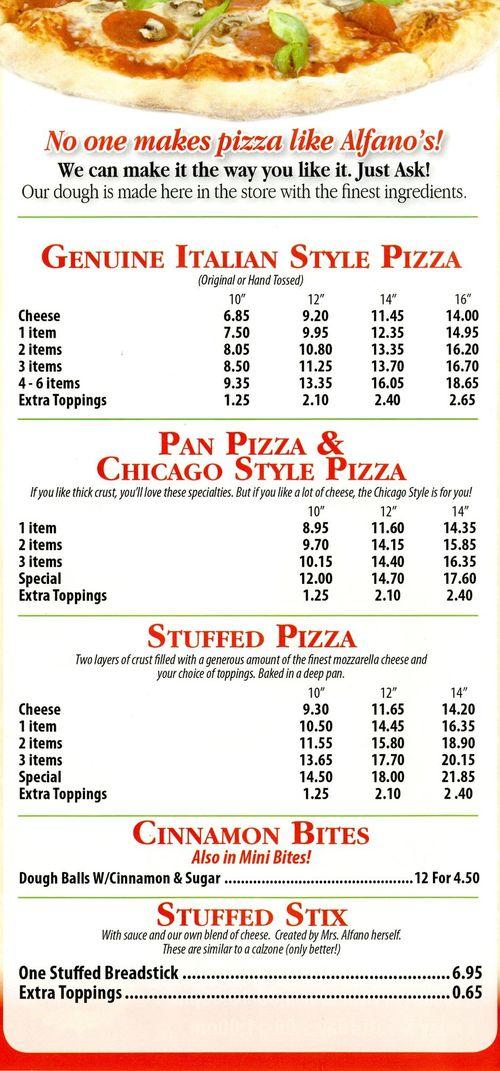 Alfano's Pizzeria menu in Knoxville, Illinois, USA