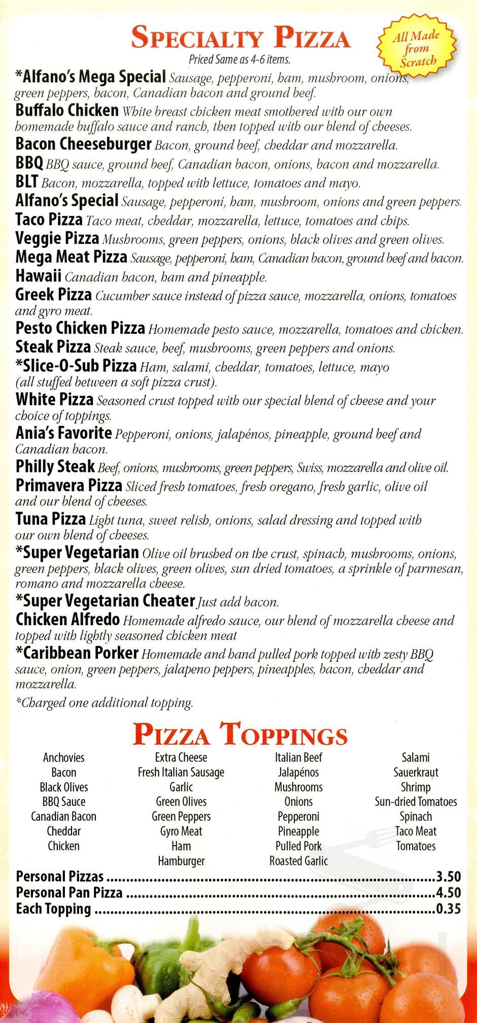 Alfano's Pizzeria menu in Knoxville, Illinois, USA