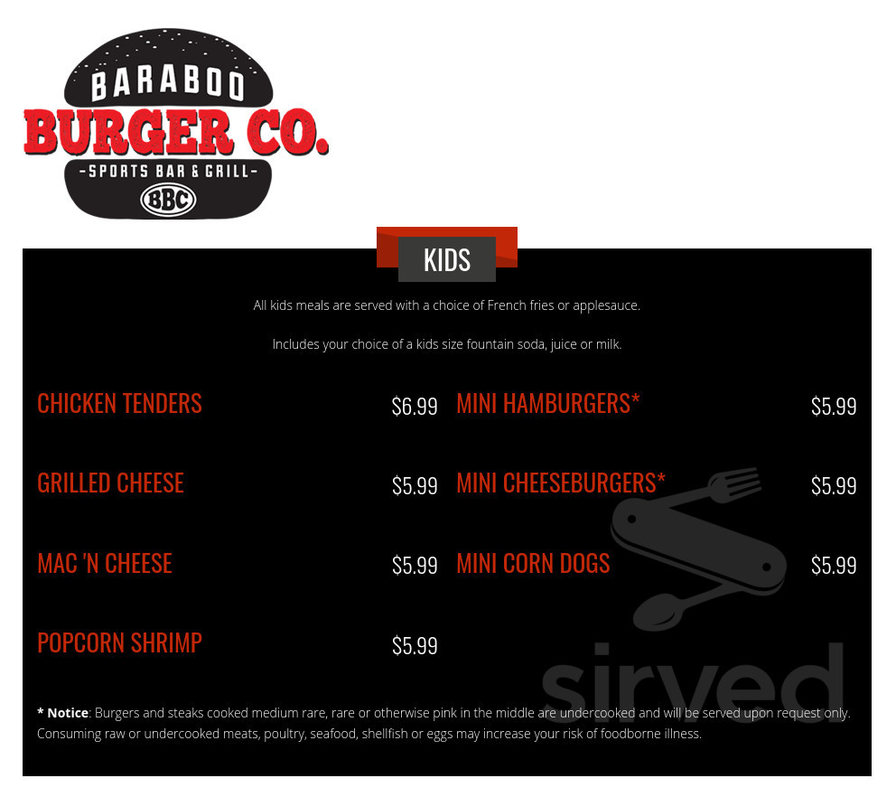 Menu for Baraboo Burger Company in Baraboo, WI | Sirved