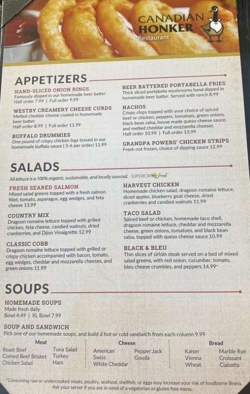 Canadian Honker Restaurant menu in Rochester, Minnesota, USA