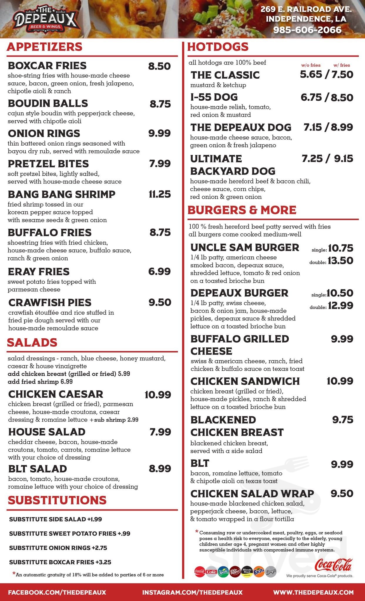 The Depeaux menu in Independence, Louisiana, USA