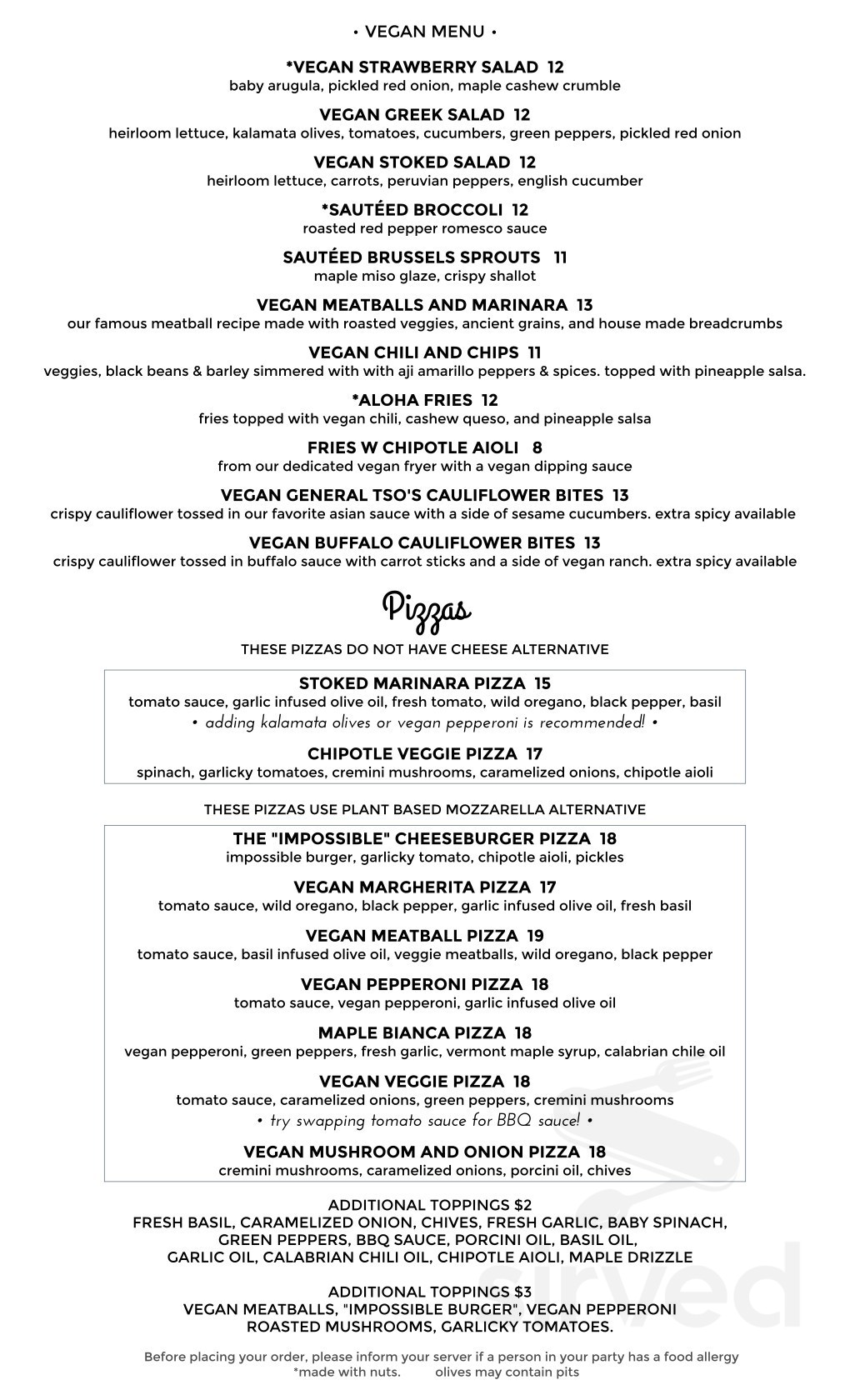 Stoked Pizza Co. (Cambridge) menu in Cambridge, Massachusetts, USA