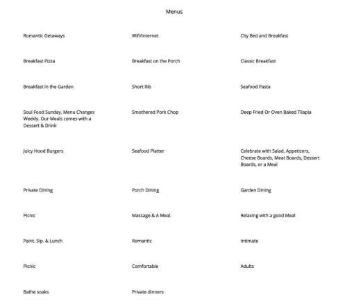 Comfort Corner Bed & Breakfast & Bistro menu in Jackson, Mississippi, USA