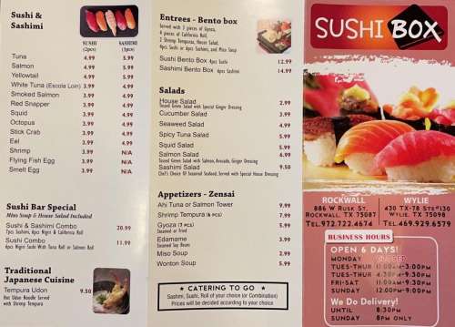 Sushi Box menu in Wylie, Texas, USA