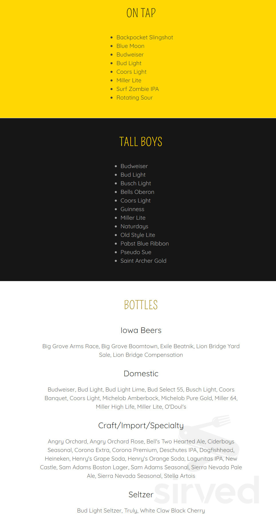 Starlite Room menu in Cedar Rapids, Iowa, USA