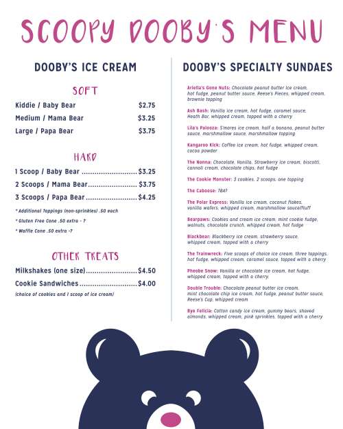 Scoopy Dooby's Ice Cream menu in Binghamton, New York, USA