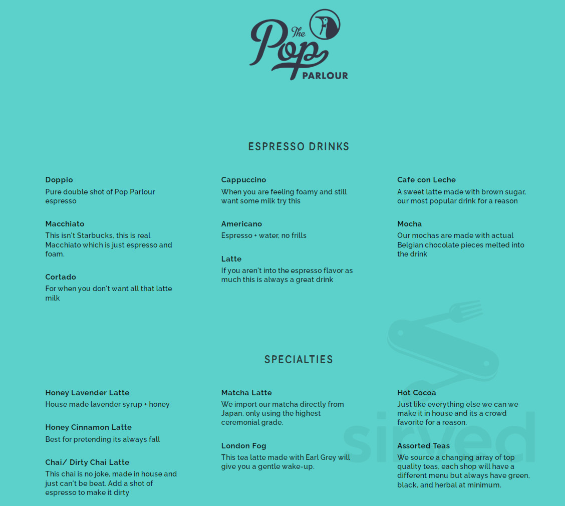 The Pop Parlour menu in Orlando, Florida, USA