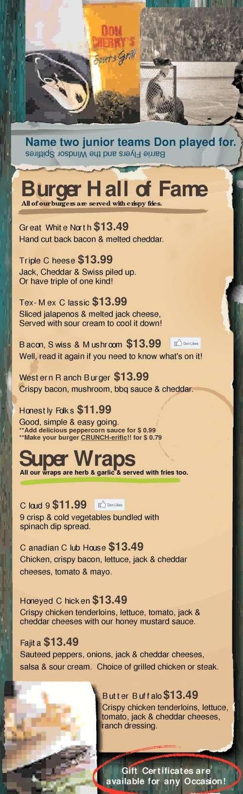 Don Cherry's Sports Grill menu in Clarenville, Newfoundland and ...