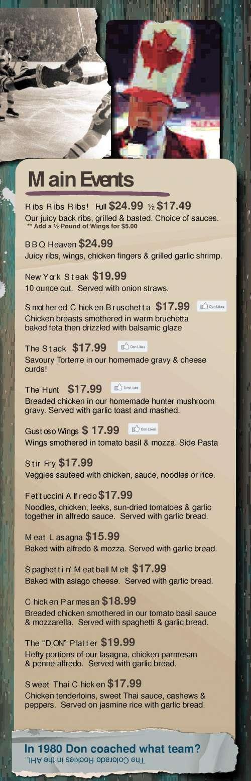 Don Cherry's Sports Grill menu in Parry Sound, Ontario, Canada