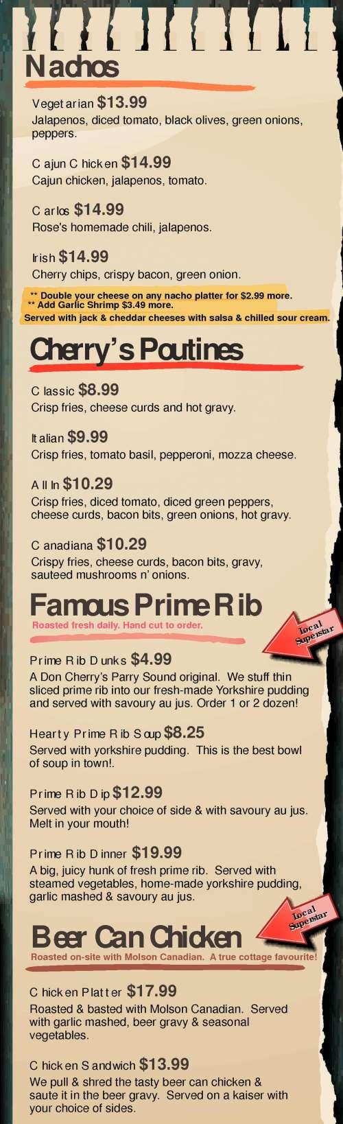 Don Cherry's Sports Grill menu in Parry Sound, Ontario, Canada