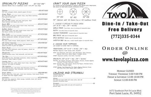 Tavola Pizza menu in Port St. Lucie, Florida, USA
