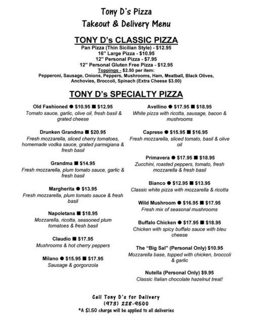 Tony D's menu in Caldwell, New Jersey, USA