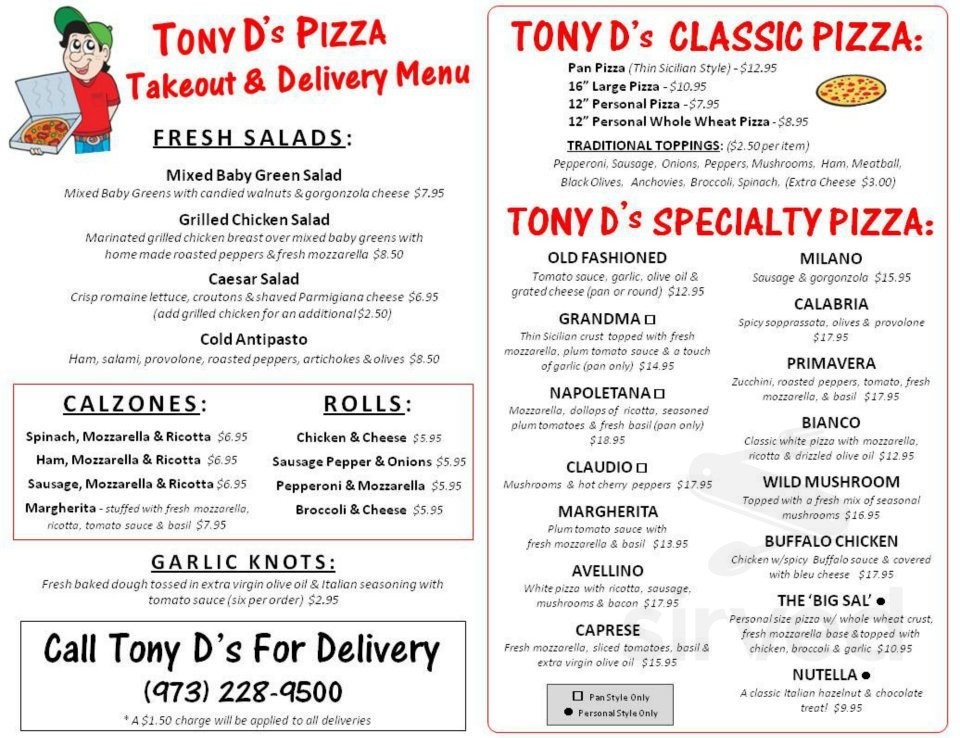 Tony D's menu in Caldwell, New Jersey, USA